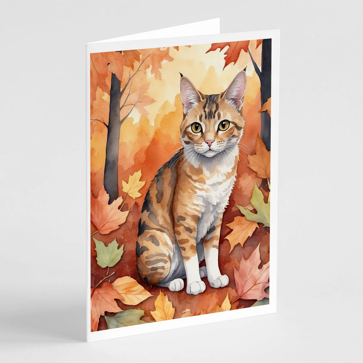 Oregon Rex Cat in Fall Leaves Greeting Cards Pack of 8 – Glamorous Pups