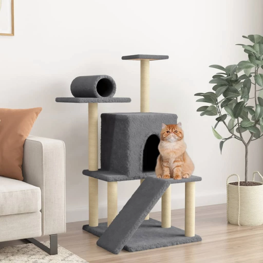 vidaXL Cat Tree Dark Gray Engineered Wood, Plush, Sisal 43.5 in Tall ...
